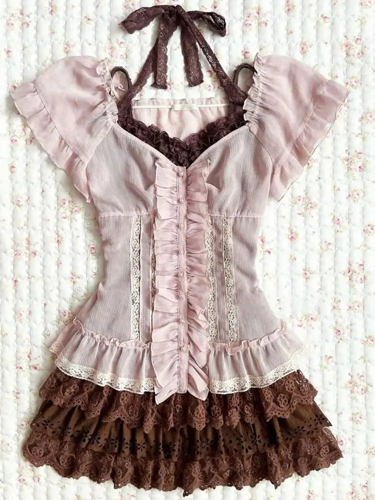 Japanese 2000s Y2k Gyaru Lolita Pink Shirt Womens Dresses 3-Piece ...