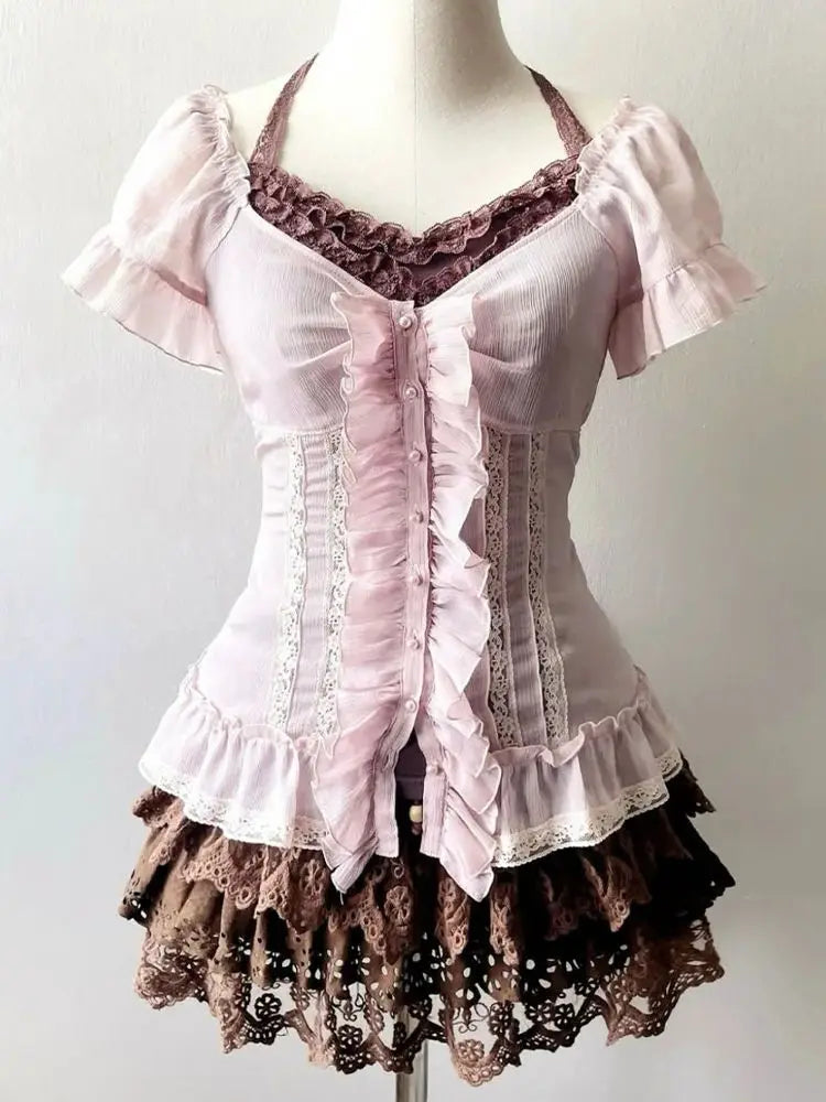 Japanese 2000s Y2k Gyaru Lolita Pink Shirt Womens Dresses 3-Piece ...